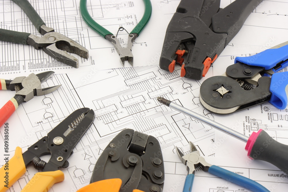 Tools for installing an electrical control panel in close-up on an ...