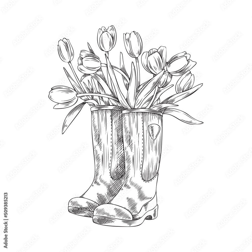 Welly Rubber boots with tulips, hand-drawn monochrome sketch, vector ...