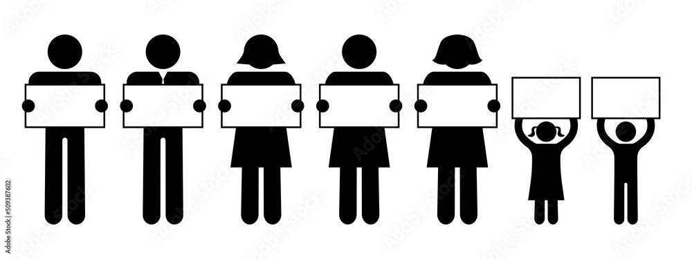 Stick Figure Icons holding sign boards. People Pictograms holding empty ...