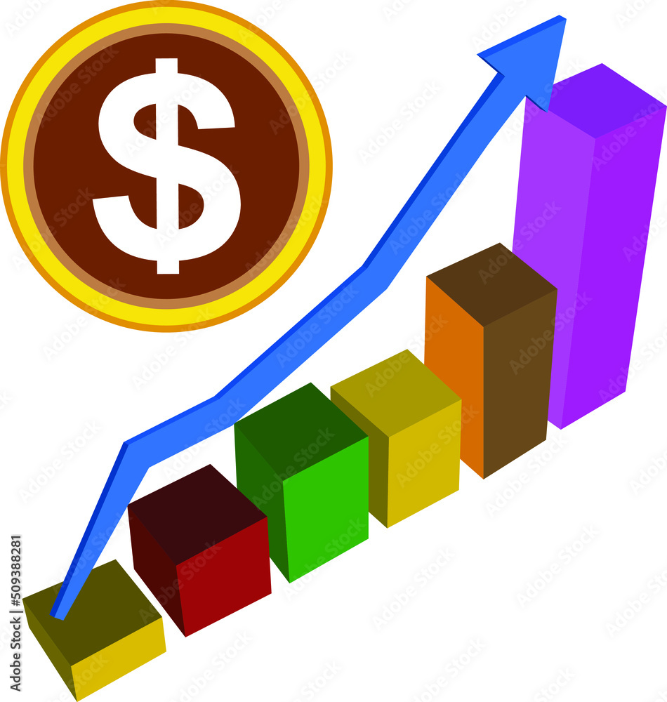 2D graph and dollar coin and growing arrow vector. on white background ...
