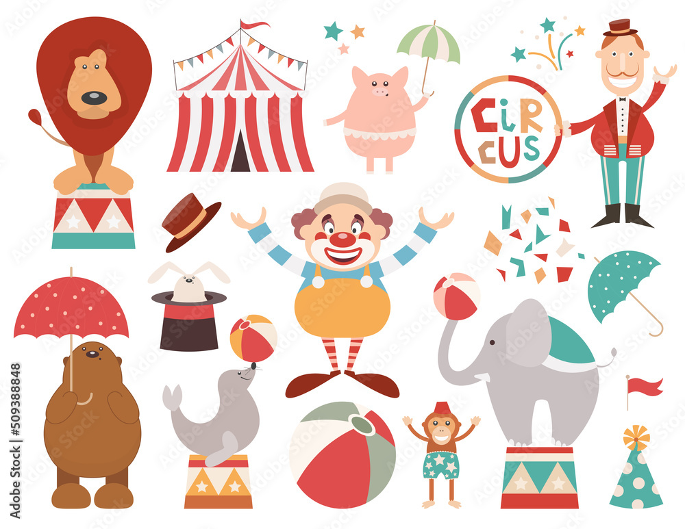 Vecteur Stock Cartoon Circus Set. Circus Artists, Elements and Animals ...