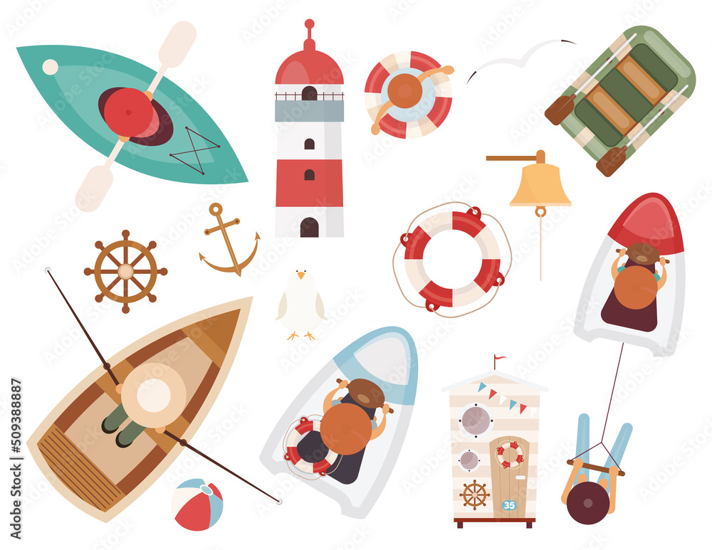 Sea vacation elements set. Summer travel. Vector illustration. Water ...