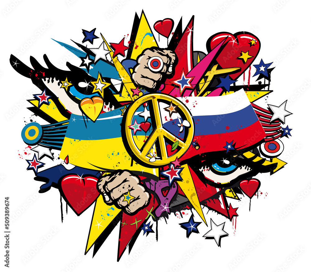 Russia and Ukraines flag war peace and love art graffiti street art ...