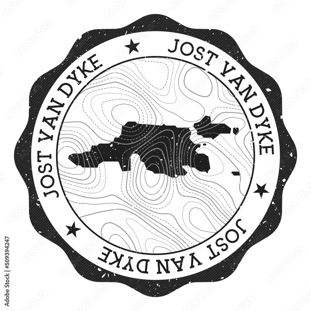 Jost Van Dyke outdoor stamp. Round sticker with map of island with ...