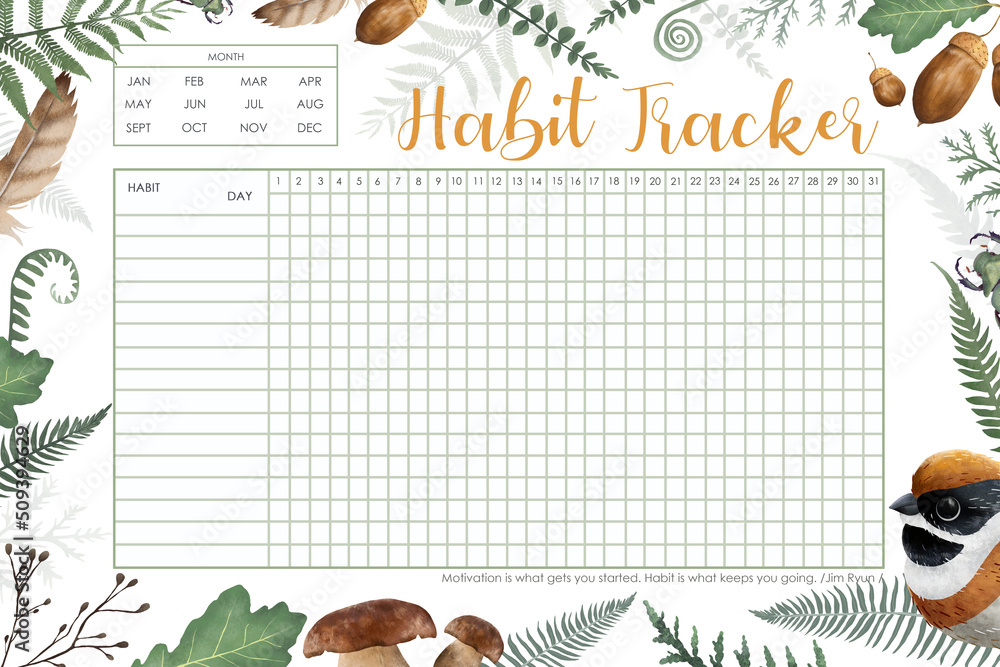 Habit tracker for month template. Autumn elements themed blank with ...