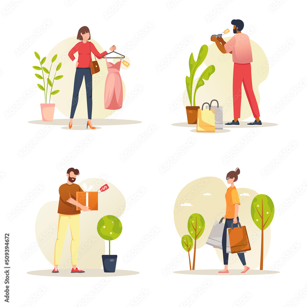 Shopping concept with people scene set. Men and women choose clothes ...
