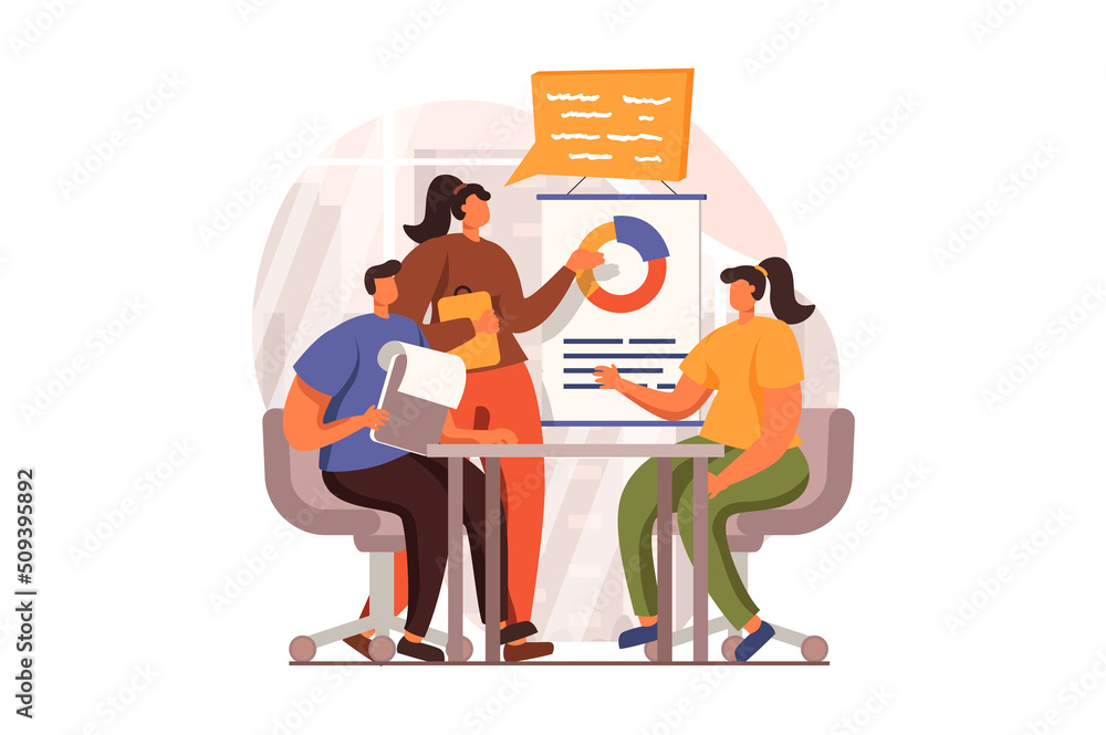 Business meeting web concept in flat design. Women and men research ...