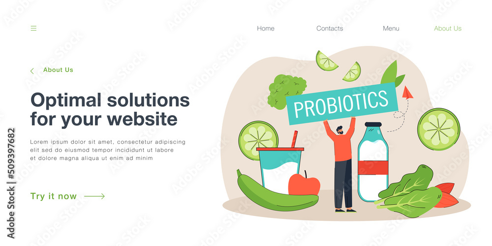 Tiny cartoon man holding big probiotics sign. Person with healthy diet ...