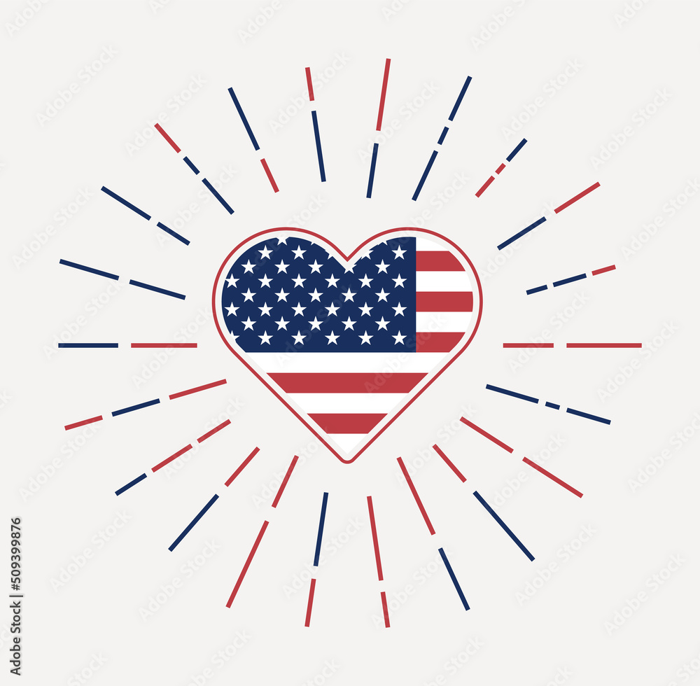 USA heart with flag of the country. Sunburst around USA heart sign ...