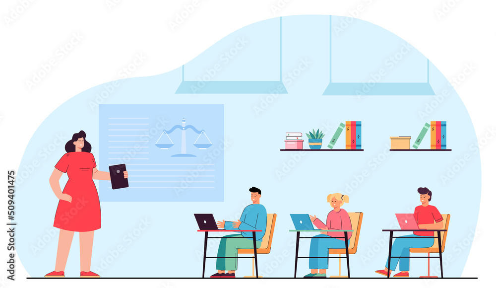 Female cartoon teacher teaching pupils law at school. Students sitting ...