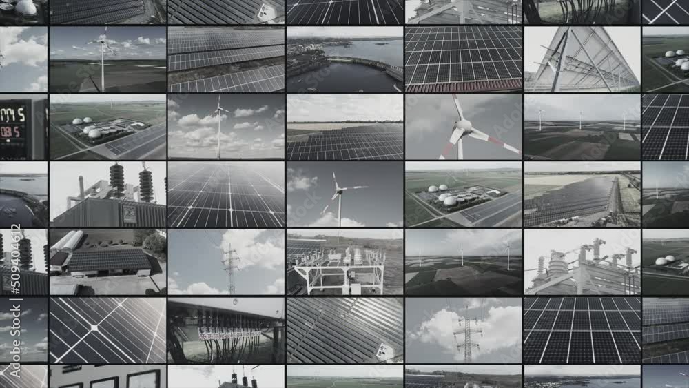 Renewable electricity production video wall. Alternative energy split ...