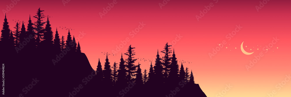 sunset silhouette of forest landscape vector illustration good for ...