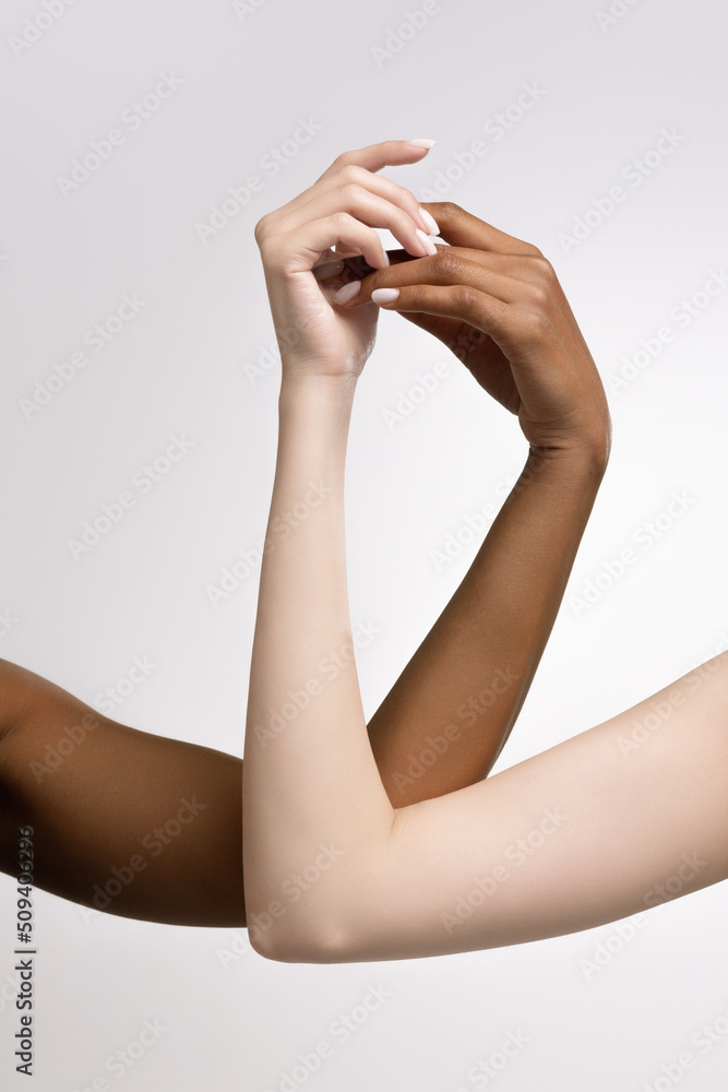 Plexus of female hands. Graceful female hands touch each other isolated ...