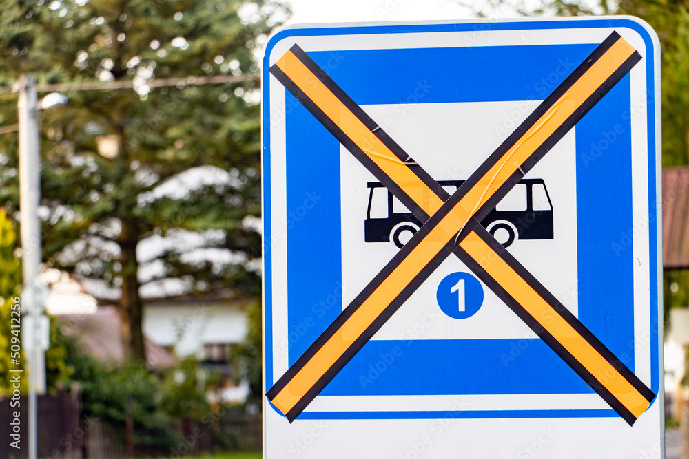 Bus station sign with temporary restriction. Timetable changes Stock ...