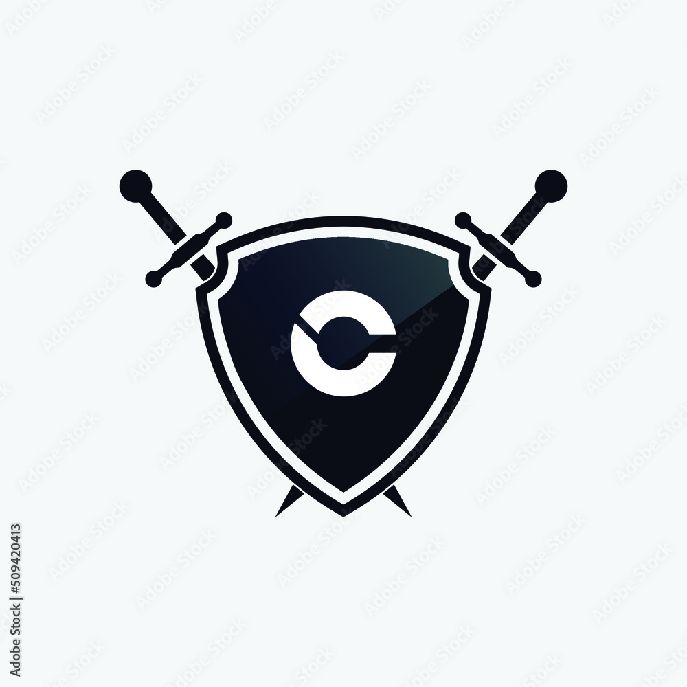 letter C shield with sword 3d logo design concept template vector 3d ...