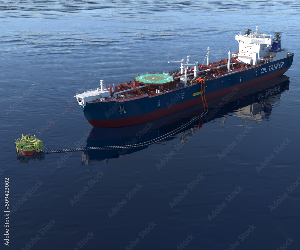 Oil tanker at the SPM buoy. 3d-rendering. A double-acting Arctic tanker ...