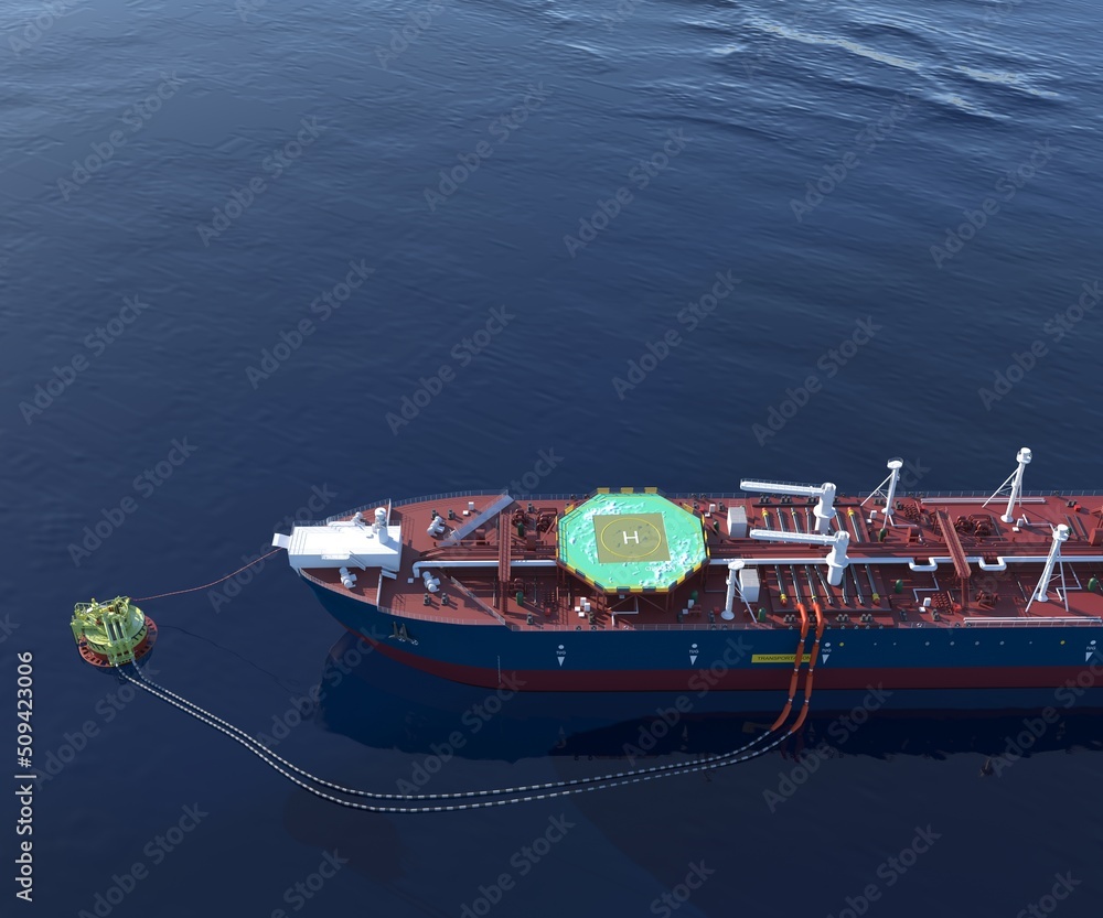 Oil tanker at the SPM buoy. 3d-rendering. A double-acting Arctic tanker ...
