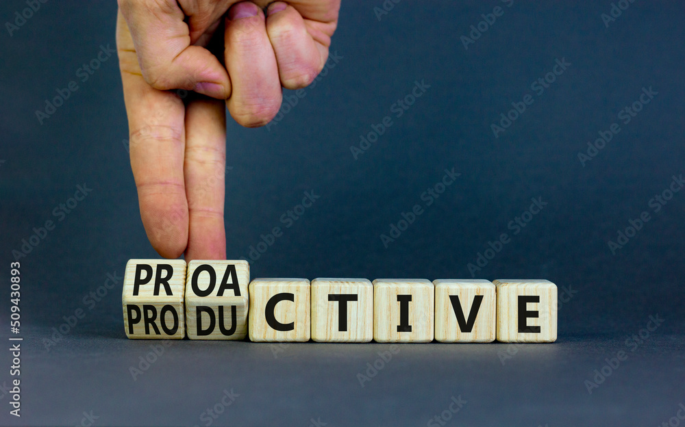 Proactive and productive symbol. Businessman turns cubes and changes ...