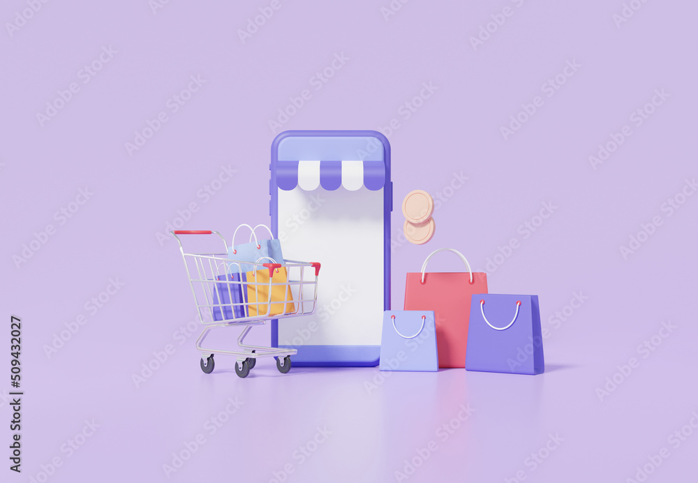 Shopping online concept. with smartphone app, trolley shopping bag ...