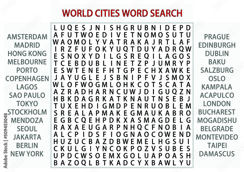 Word search puzzle vector (Word find game) illustration. World cities ...