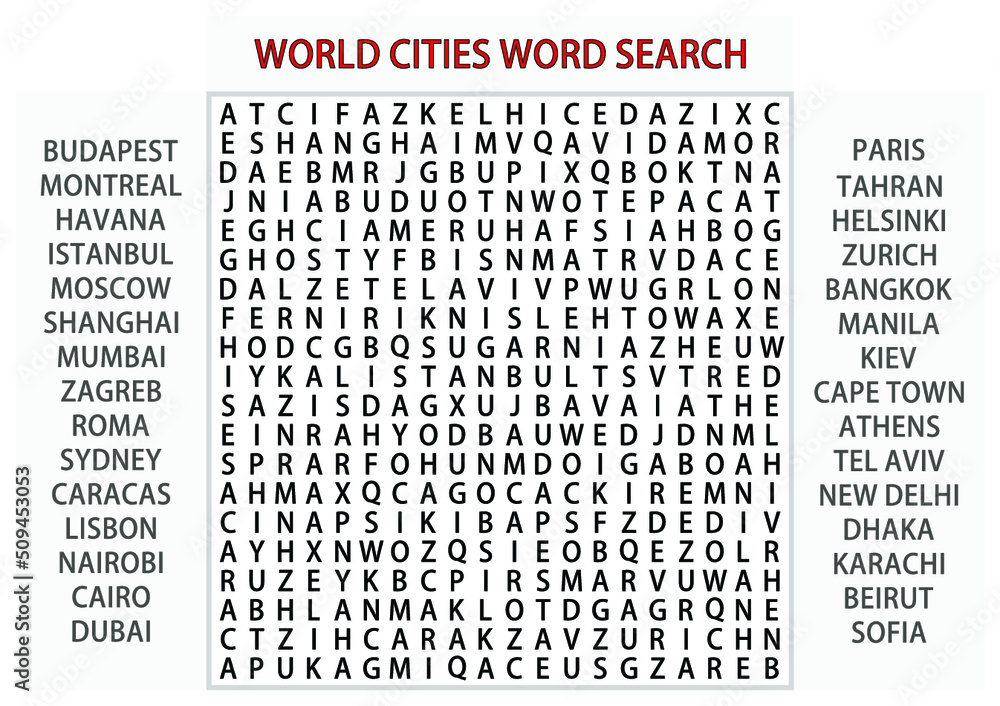 Word search puzzle vector (Word find game) illustration. World cities ...