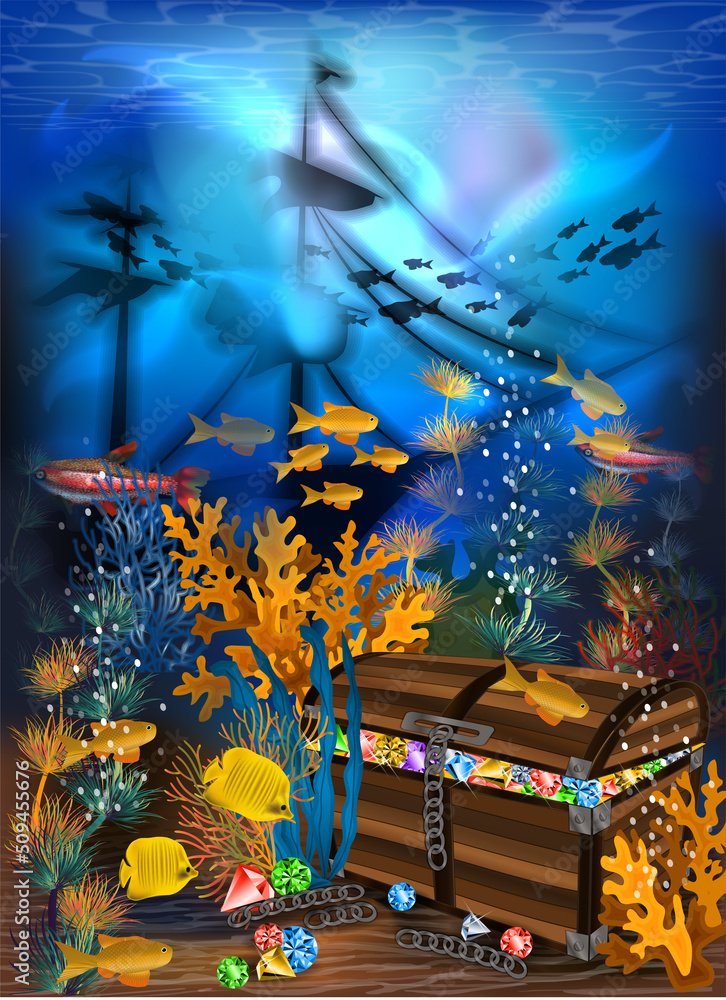 Underwater card with tropical fish, treasure chest box and sunken ship ...