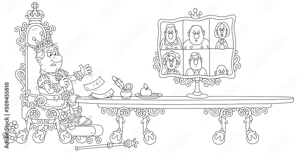 Angry king in a golden crown and solemn royal attire sitting on his ...