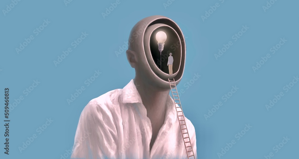 Light bulb glowing in a man head. Concept idea art of thinking solution ...