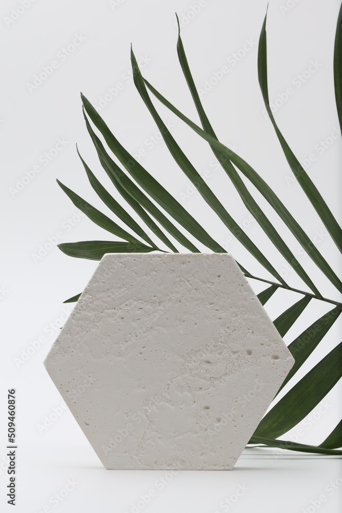 Stones platform podium and palm leaf on gray light copy spase ...