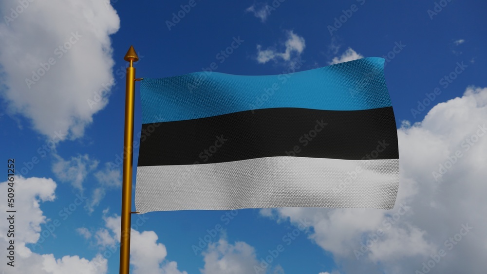 National flag of Estonia waving 3D Render with flagpole and blue sky ...