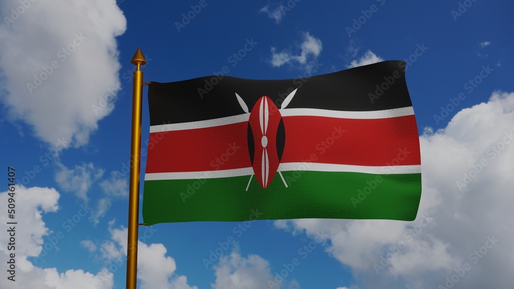 National flag of Kenya waving 3D Render with flagpole and blue sky ...