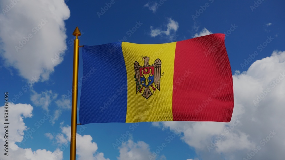 National flag of Moldova waving 3D Render with flagpole and blue sky ...