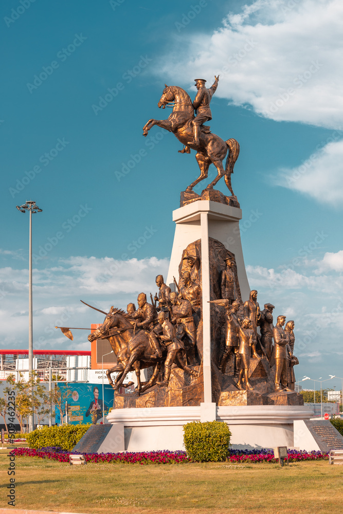19 May 2022, Antalya, Turkey: Mustafa Kemal Ataturk equestrian statue ...