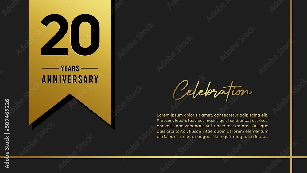 20 years anniversary logo with golden ribbon for booklet, leaflet ...