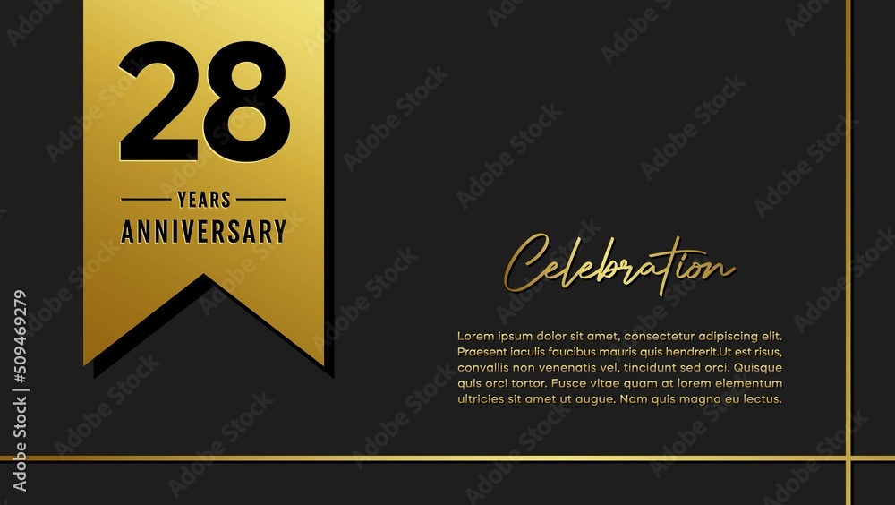 28 years anniversary logo with golden ribbon for booklet, leaflet ...