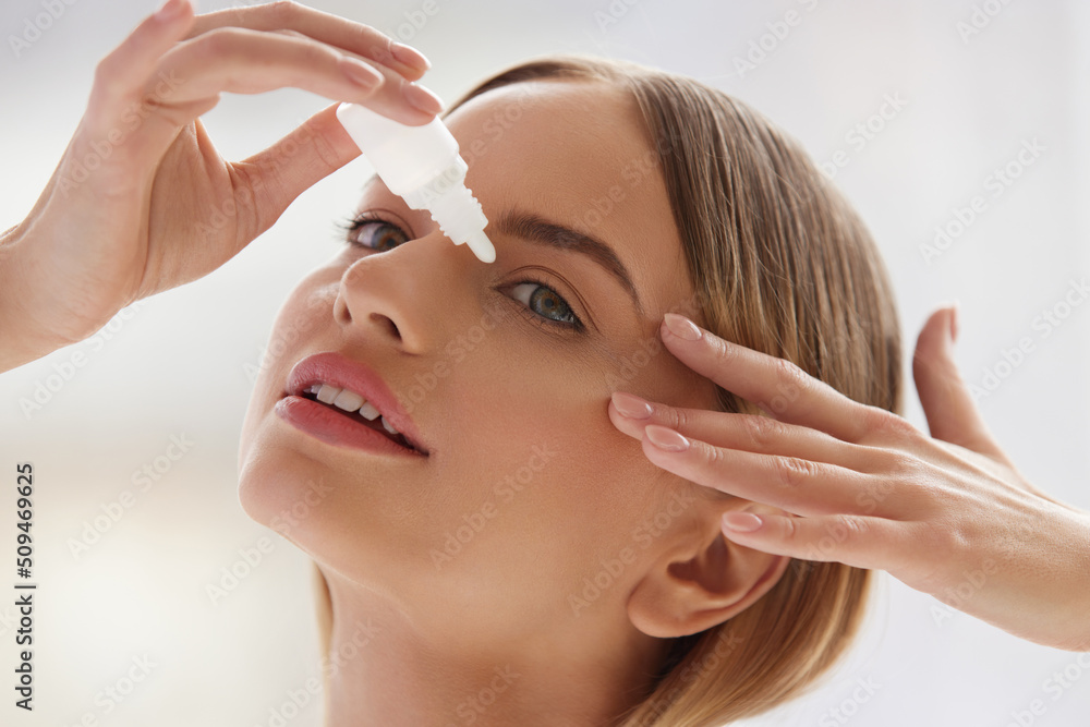 Vision And Ophthalmology Medicine. Beautiful Woman Applying Eyedrops ...