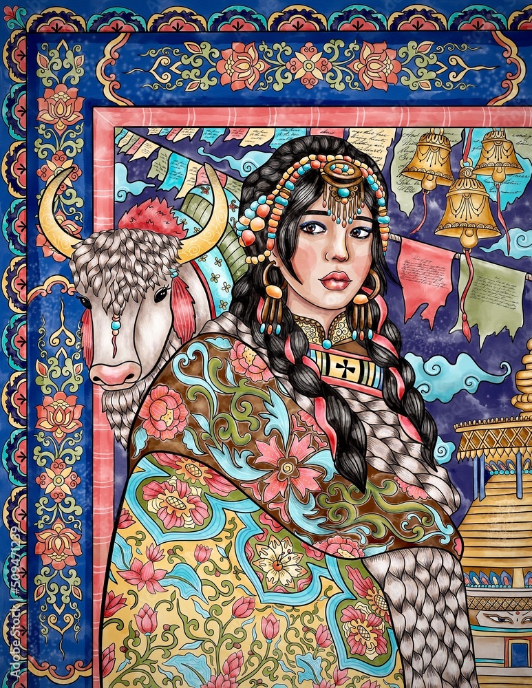 Tibetan woman in traditional dress with yak and ornamental background ...