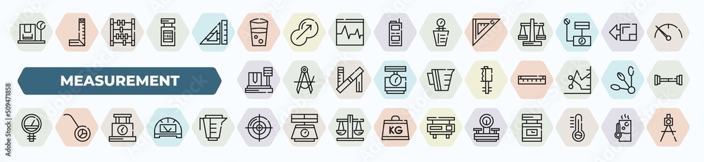 set of 40 thin line measurement icons. outline icons such as cargo ...