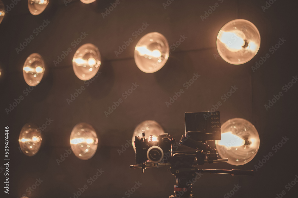 Professional cinema and video camera on the set. Shooting shift ...