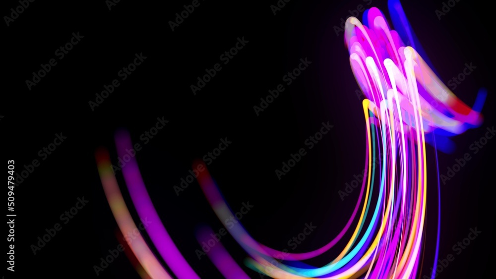 Motion graphics, sci-fi bg. Stream of multicolor neon lines form spiral ...