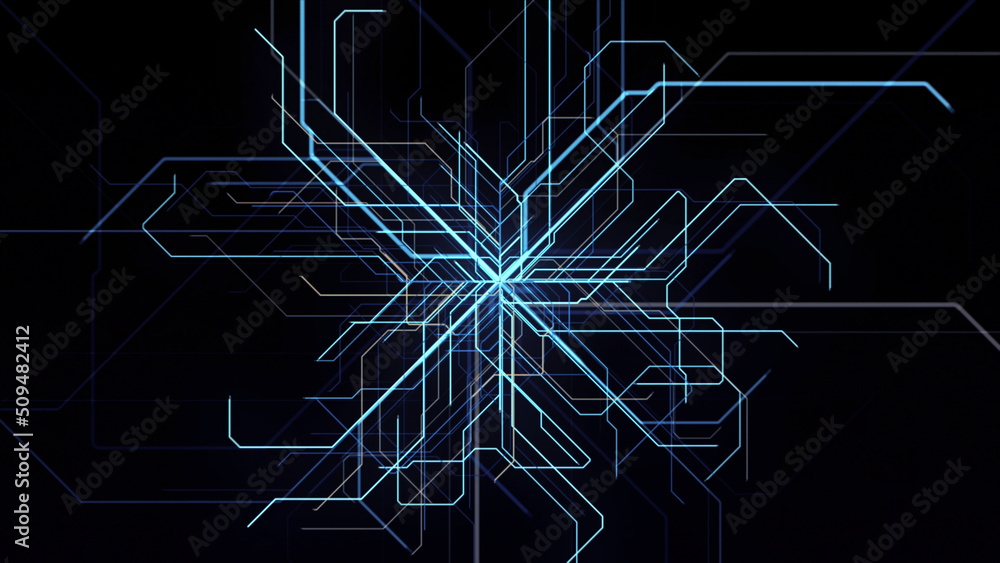 Blue straight narrow lines moving towards the center of black screen ...