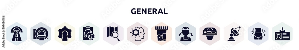 general filled icons set. glyph icons such as road tunnel, mri scanner ...
