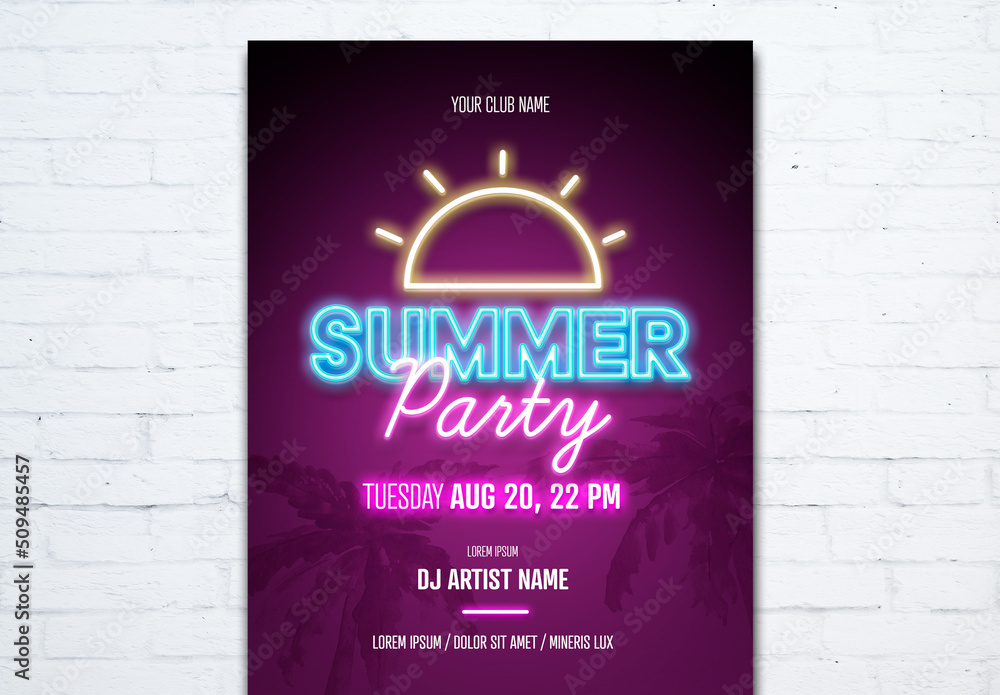 Summer Party Neon Poster Stock Template | Adobe Stock