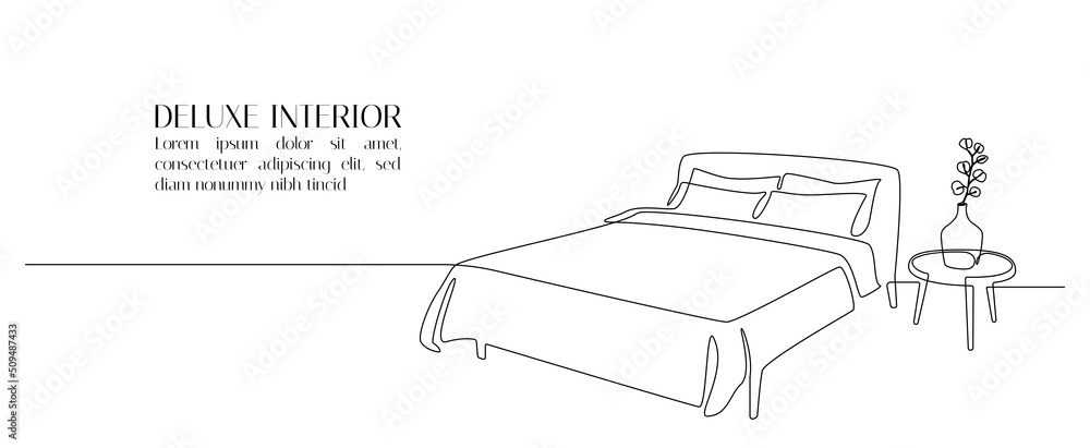 Continuous one line drawing of double bed and table with potted plant ...