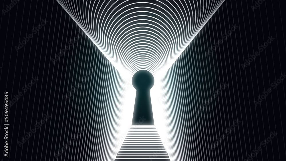 Abstract animation of neon keyhole icon forming the tunnel on black ...