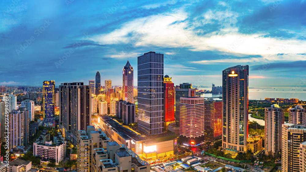 Landmark Skyscrapers Night View in the Downtown Area of Haikou City ...