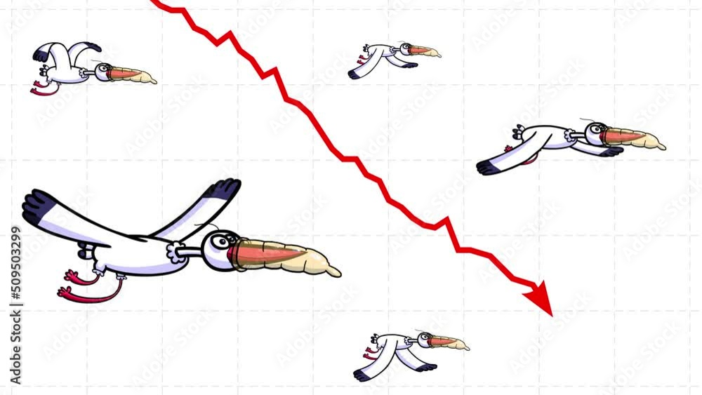 Arrow red chart down diagram graph with flying cartoon storks. Stork ...