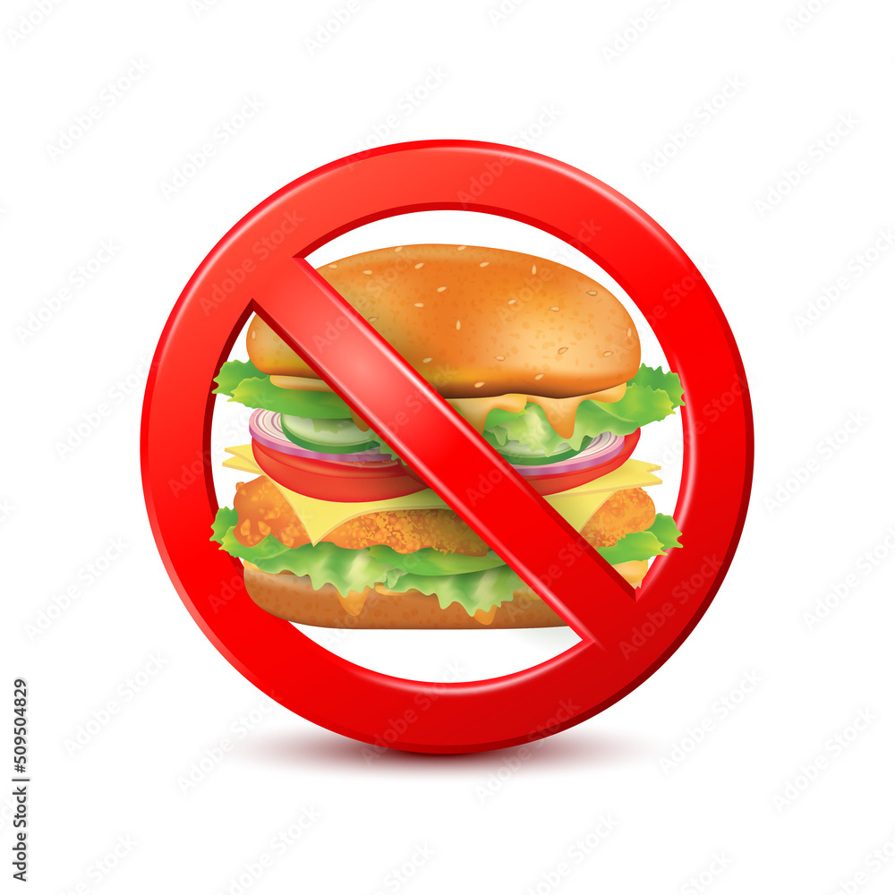 Hamburger inside red banned sign isolated on white background. Fast ...