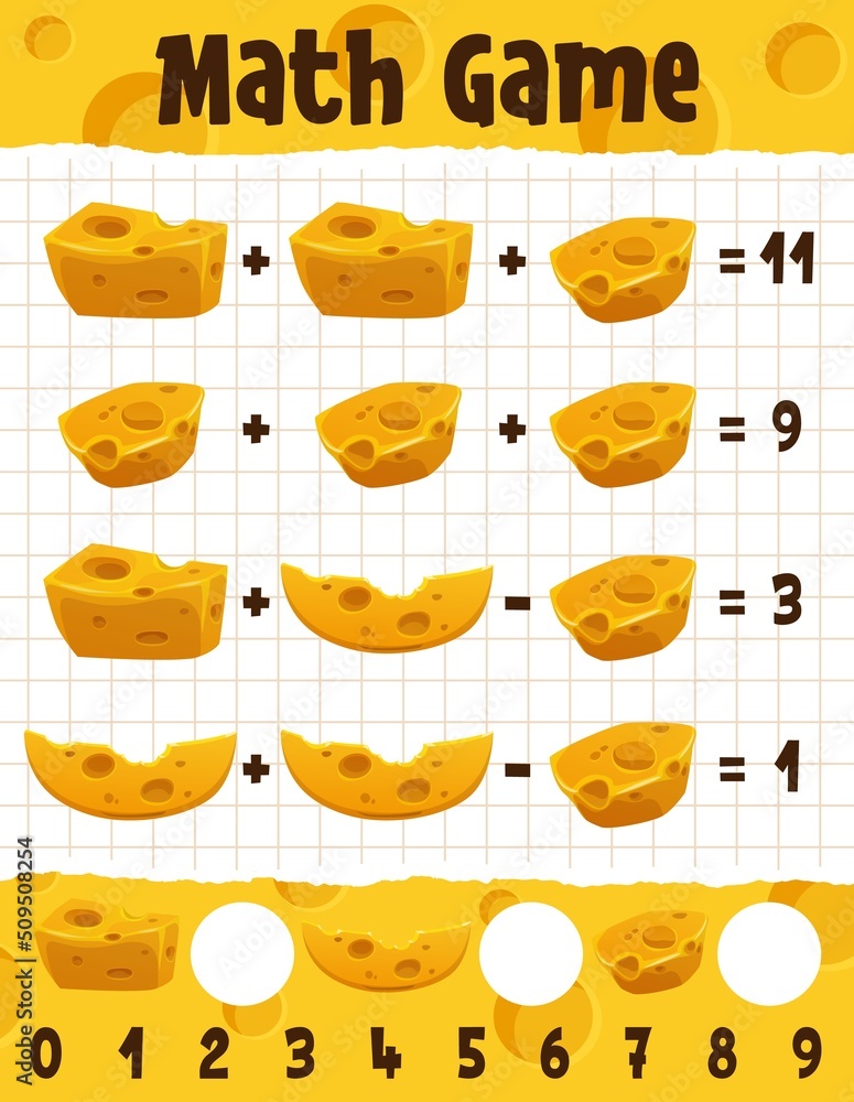 Cartoon gouda and maasdam cheese math game worksheet. Vector education ...