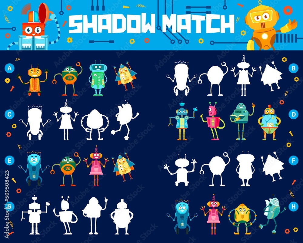 Shadow match kids game worksheet with cartoon funny robots, vector ...